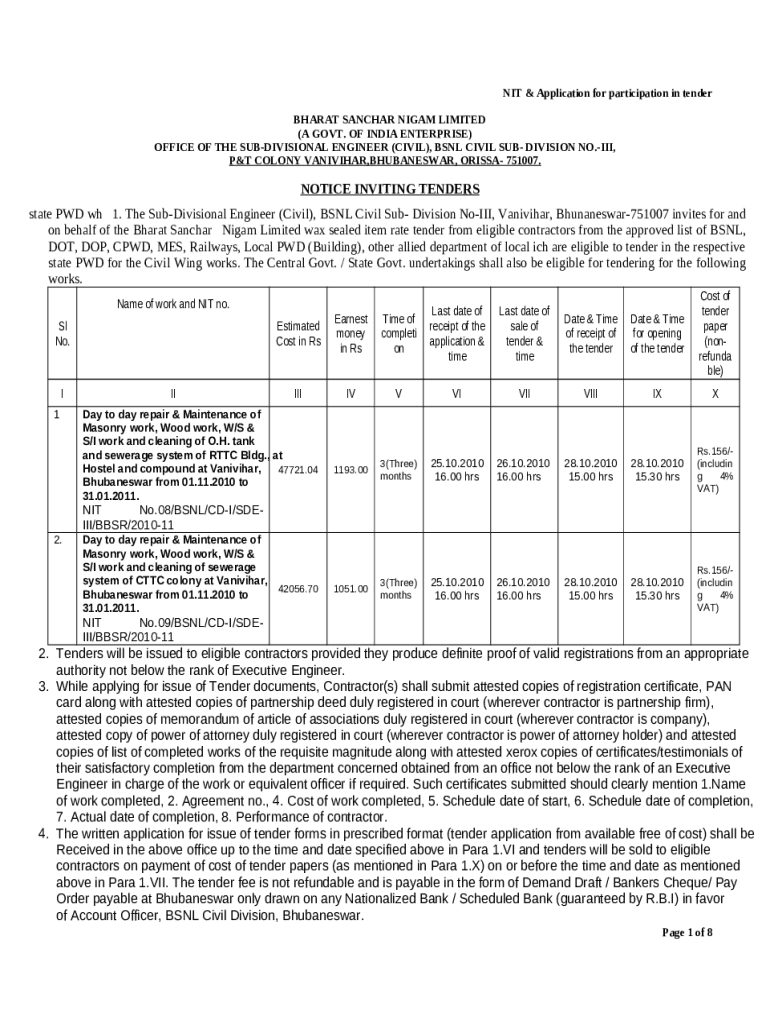 OFFICE OF THE SUB-DIVISIONAL ENGINEER (CIVIL), BSNL CIVIL SUB- DIVISION ...