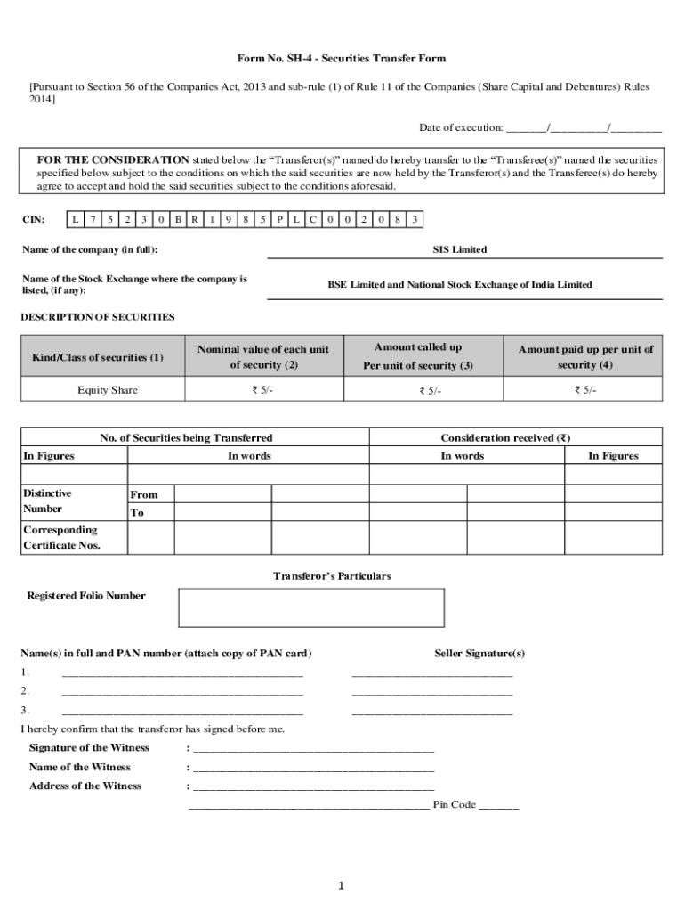 Fillable Online Form No. SH-4 (Share/Securities Transfer Form)SAG RTA ...