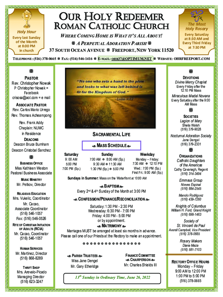 Fillable Online Our Holy Redeemer Roman Catholic Church - Reminder ...