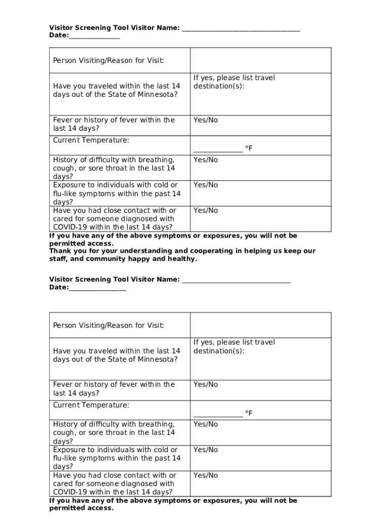 Visitor Screening Tool Visitor Name: Date: Doc Template | pdfFiller