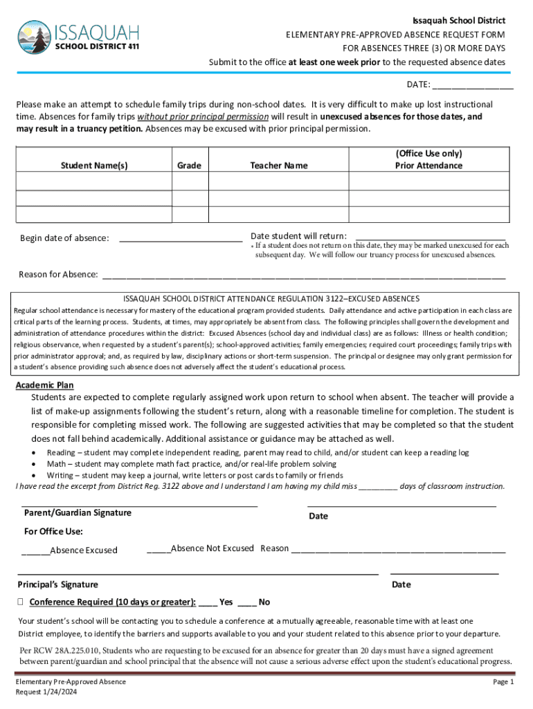 Fillable Online Attendance Office - Pre Arranged Absence Forms Required for ... Fax Email Print ...
