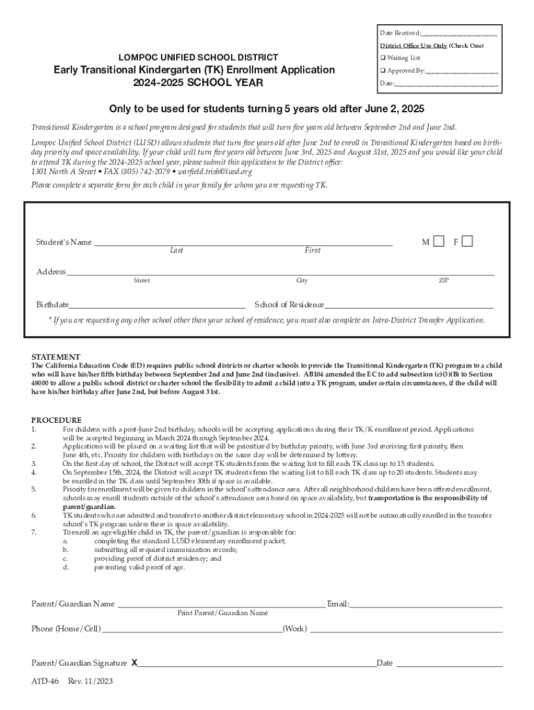 Fillable Online Early Transitional Kindergarten (TK) Enrollment ...