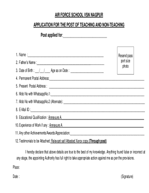 Fillable Online AIR FORCE SCHOOL VSN NAGPUR APPLICATION FOR ... Fax ...