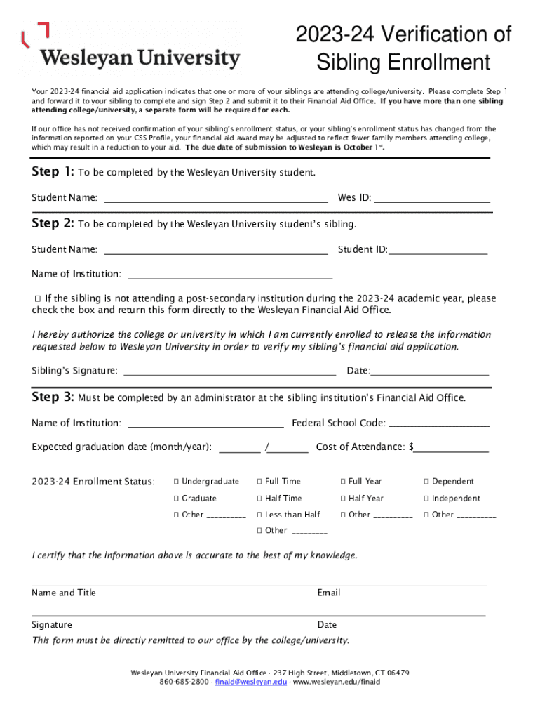 Fillable Online 20232024 Sibling Enrollment Verification Form... Fax ...