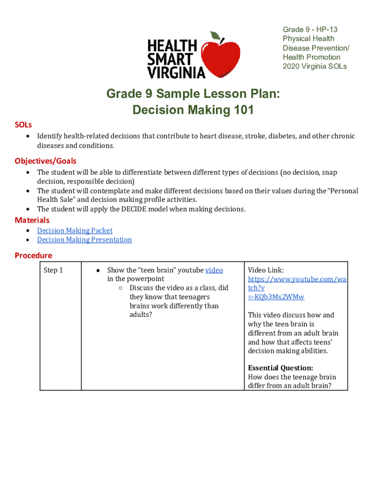 Fillable Online Grade 9 Sample Lesson Plan: Decision Making 101 Fax ...