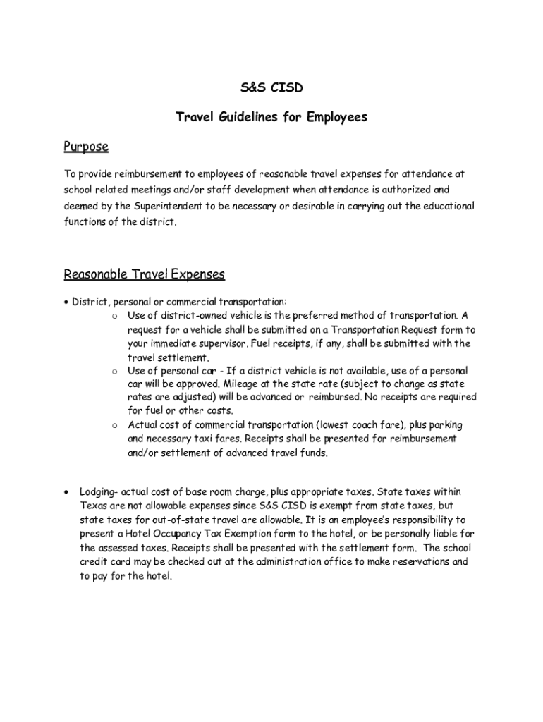 Fillable Online S&S CISD Travel Guidelines for Employees Purpose Fax ...