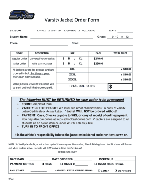 Fillable Online Varsity Jacket Order Form - Connect Suite Fax Email ...