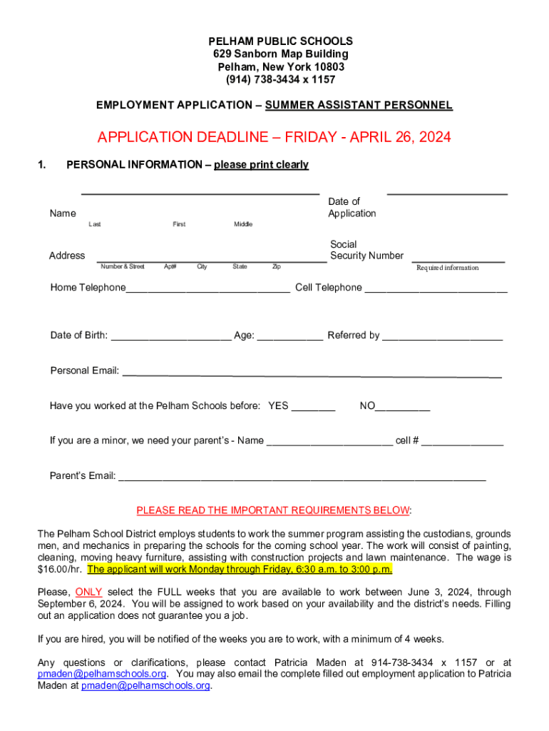 Fillable Online Application for Summer Assistant Personnel Fax Email Print - pdfFiller