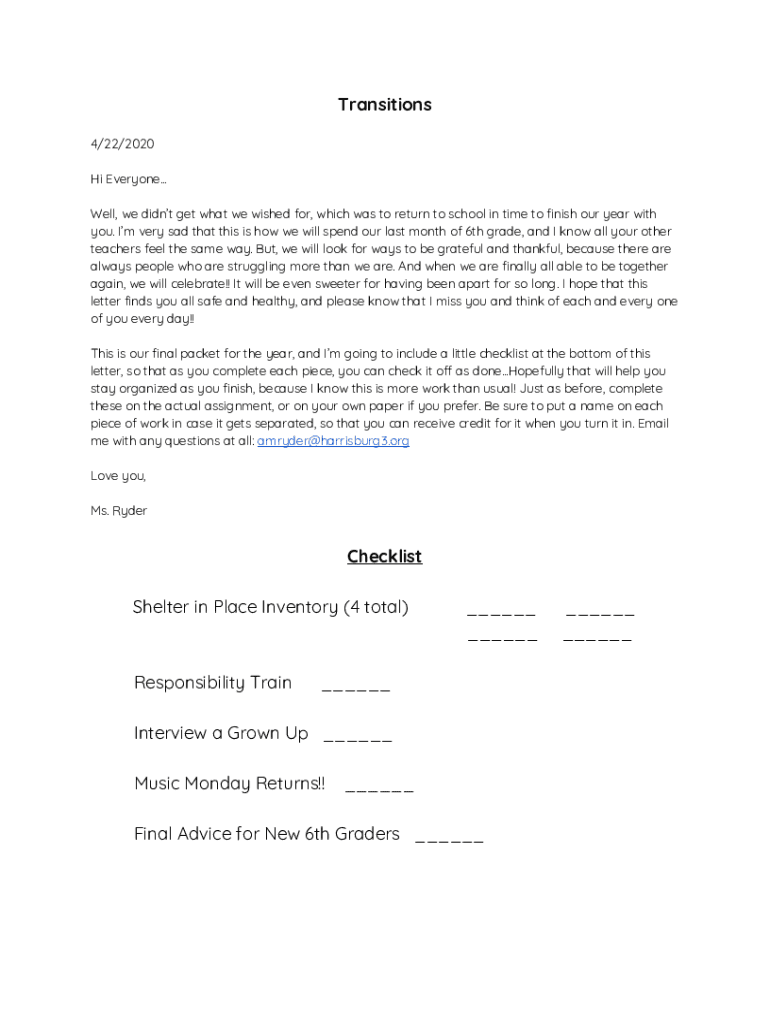 Fillable Online Transitions Checklist Shelter in Place Inventory (4 ...