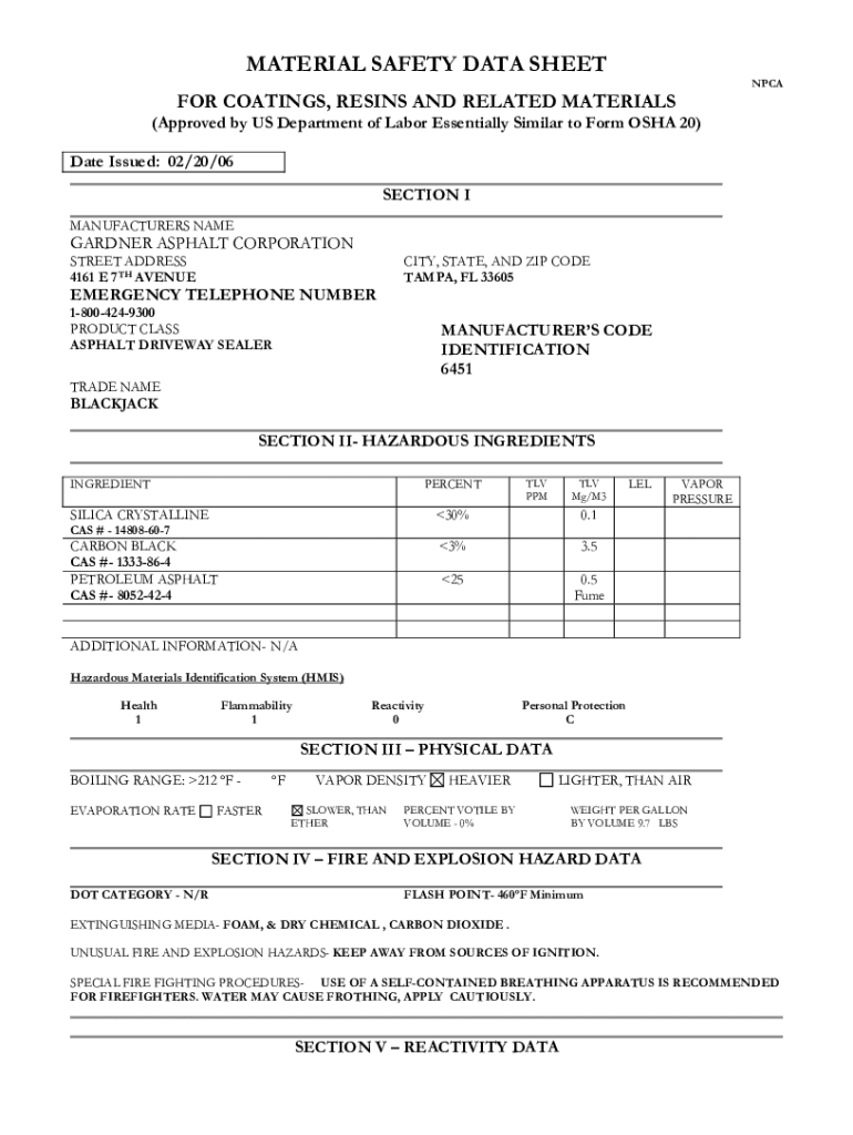 Fillable Online Fillable Online MATERIAL SAFETY DATA SHEET NPCA ... Fax Email Print - pdfFiller