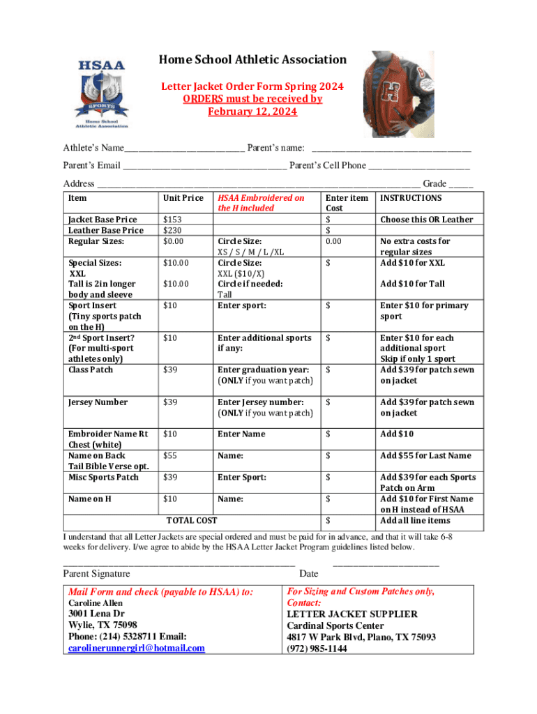 Fillable Online Letter Jacket Order Form Spring 2024 Fax Email Print ...