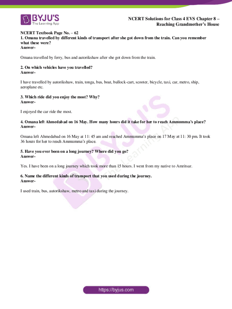 Fillable Online NCERT Solutions for Class 4 EVS Chapter 8 - Reaching Grandmother's House. NCERT ...