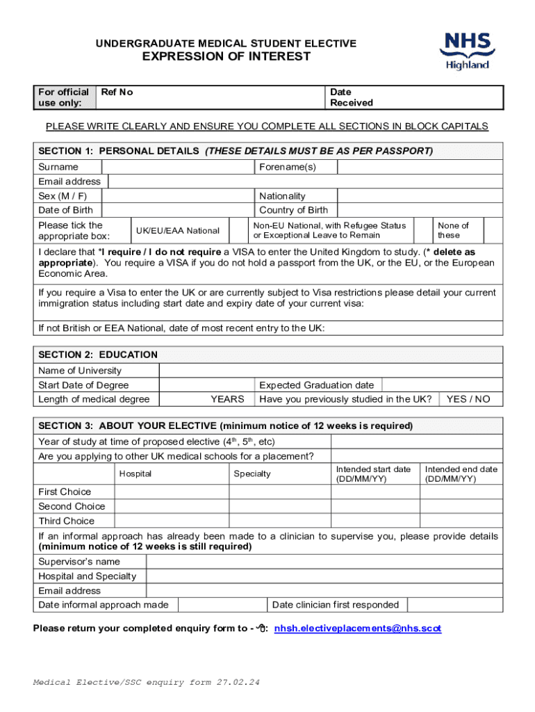 Fillable Online NHS Highland - Undergraduate Medical Student Elective ...
