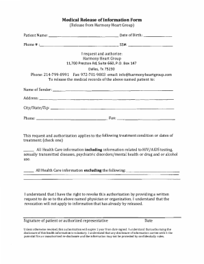 Fillable Online Medical Release of Information Form - Harmony Heart ...