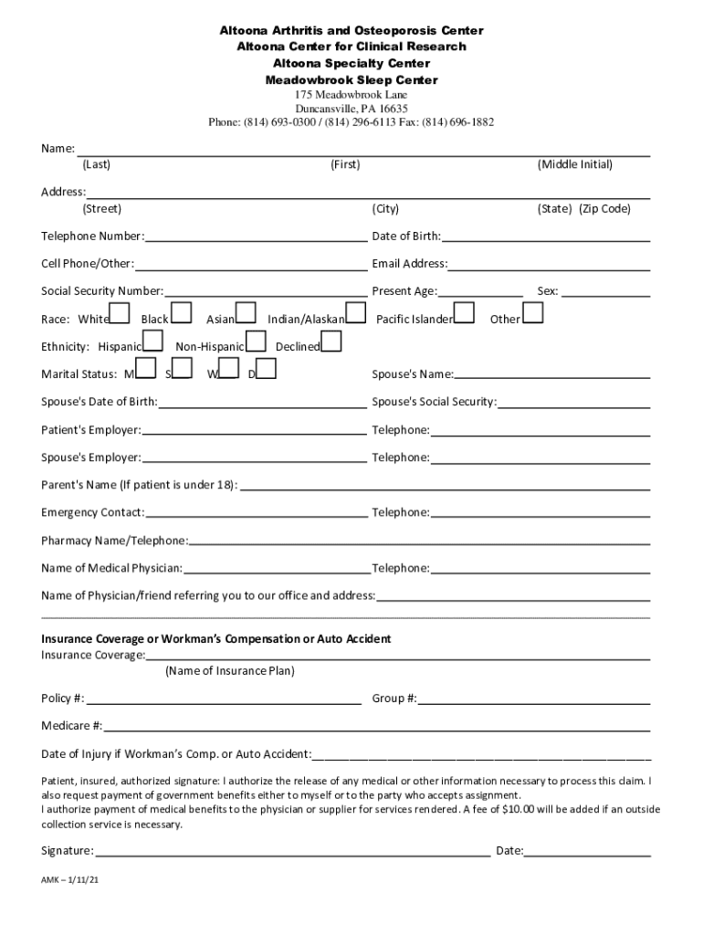 Fillable Online Fillable Online altoona arthritis and osteoporosis center form Fax ... Fax Email ...