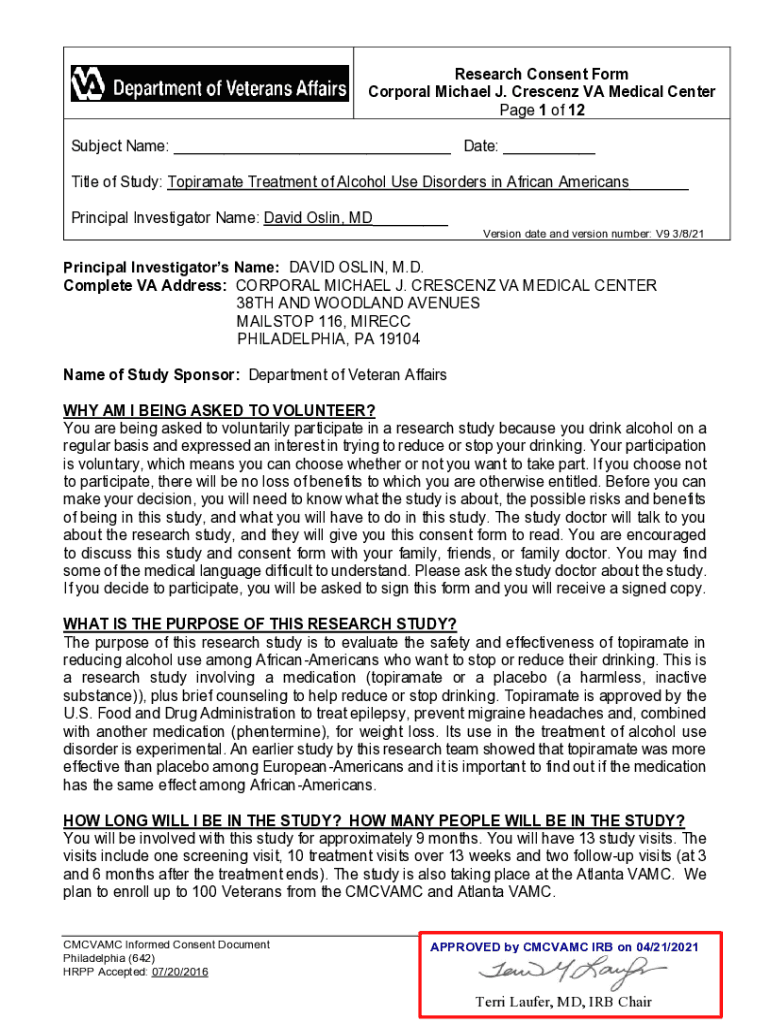 Fillable Online Research Consent Form Corporal Michael J. Crescenz VA ...