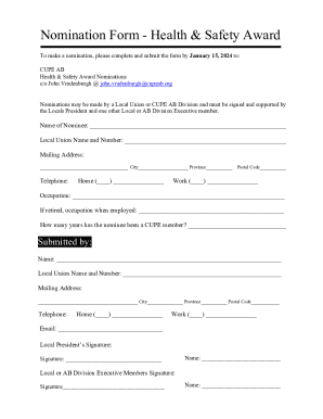 Fillable Online alberta cupe Nomination Form - Health & Safety Award ...