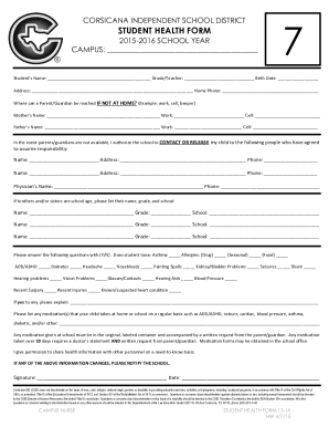 Fillable Online Parent and Student Health Forms - Nurse's Office Fax ...