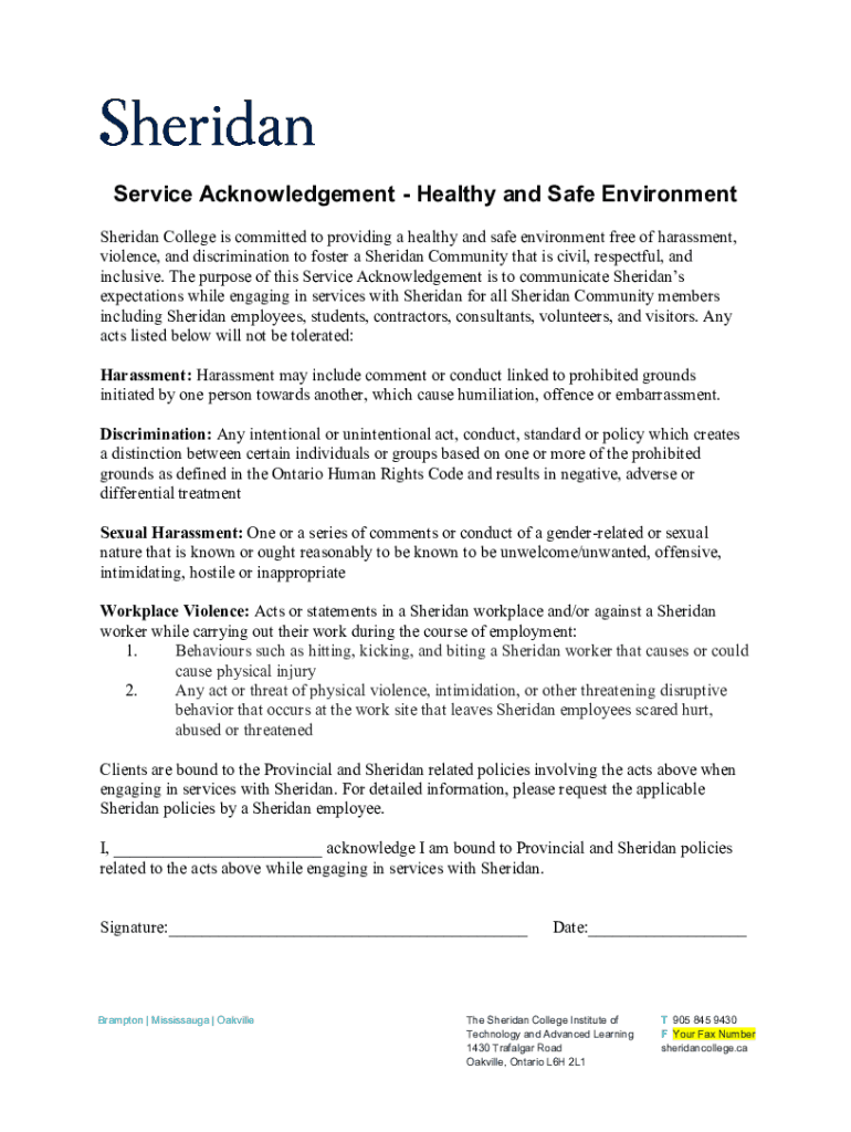 Fillable Online Service Acknowledgement - Healthy and Safe Environment ...