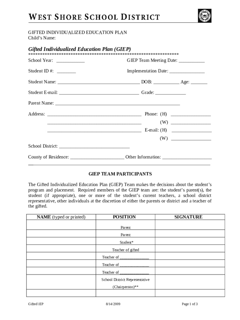 Gifted Individualized Education Plan - Fill Out and ... Doc Template | pdfFiller