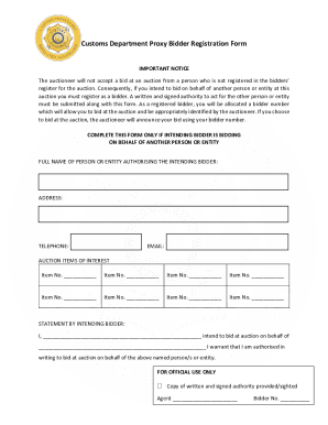 Fillable Online Customs Department Proxy Bidder Registration Form Fax ...