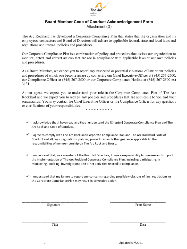 Fillable Online Board Member Code of Conduct Acknowledgement Form Fax ...