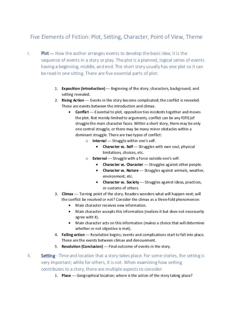 Fillable Online Five Elements of Fiction: Plot, Setting, Character, Point of ... Fax Email Print ...