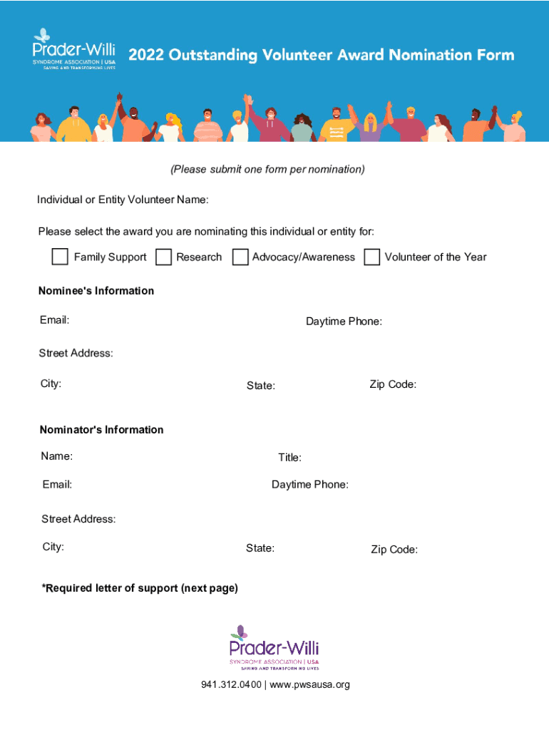 Fillable Online Parent Volunteer Service Award Nomination Form Fax ...