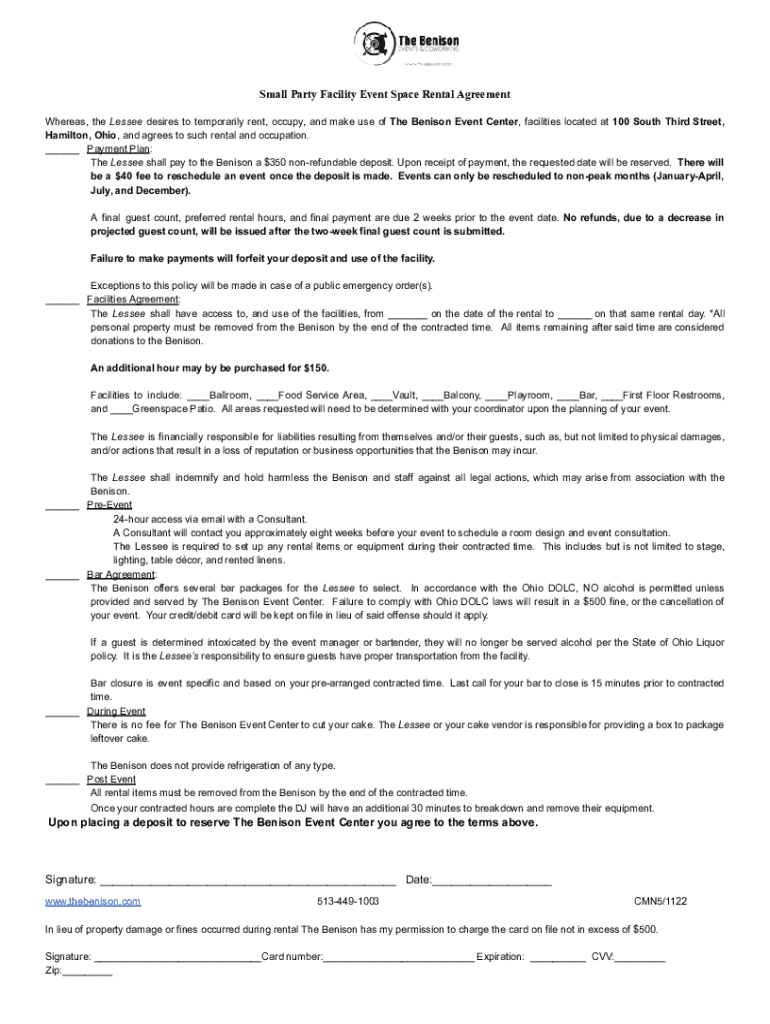 Fillable Online Small Party Facility Event Space Rental Agreement Fax ...