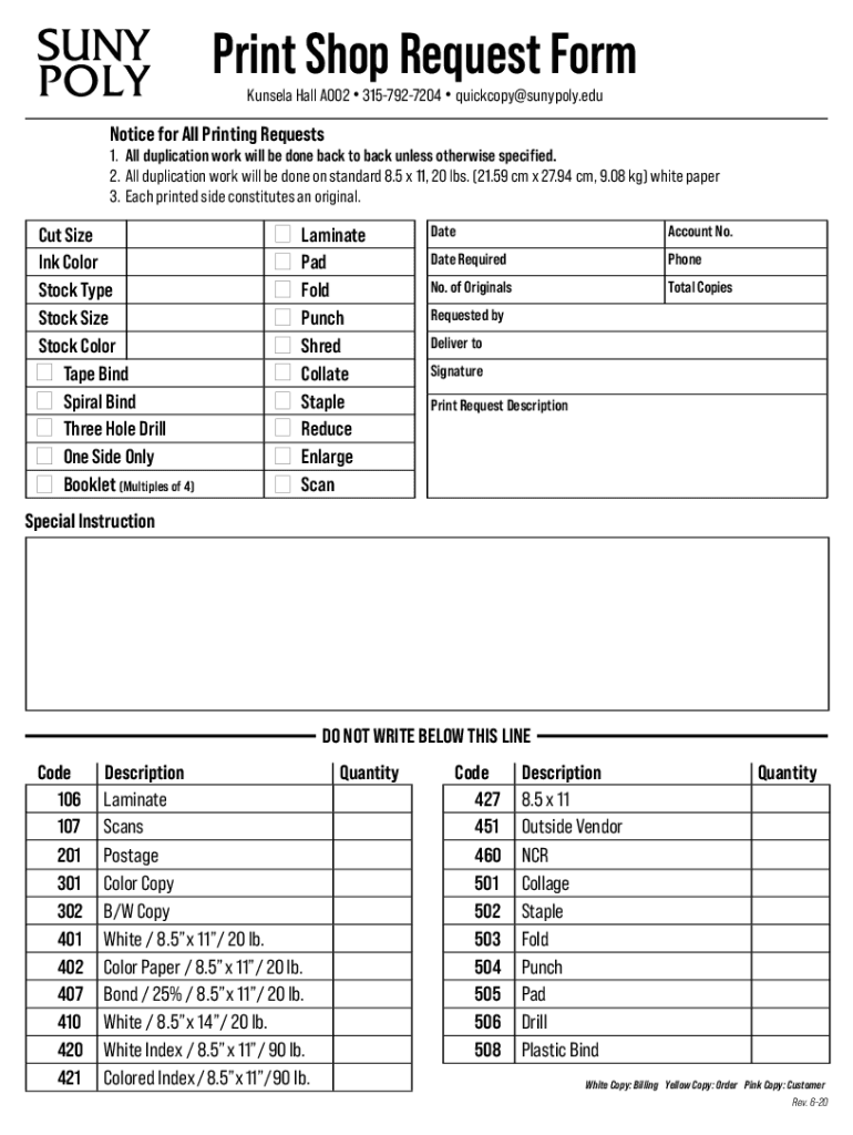 Fillable Online SUNY Poly Print Shop Request Form Fax Email Print - pdfFiller