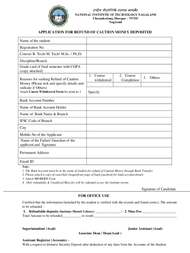 Fillable Online Application for the Refund of caution Money Registrar ...