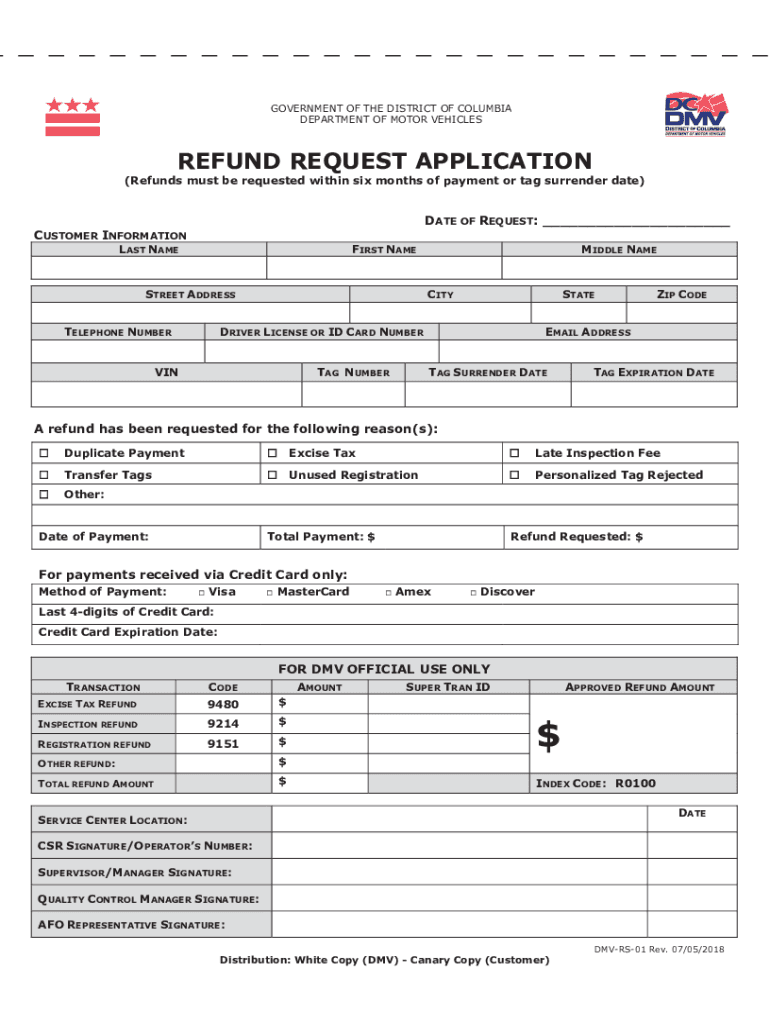 Fillable Online dmv dc REFUND REQUEST APPLICATION - DC DMV Fax Email Print - pdfFiller