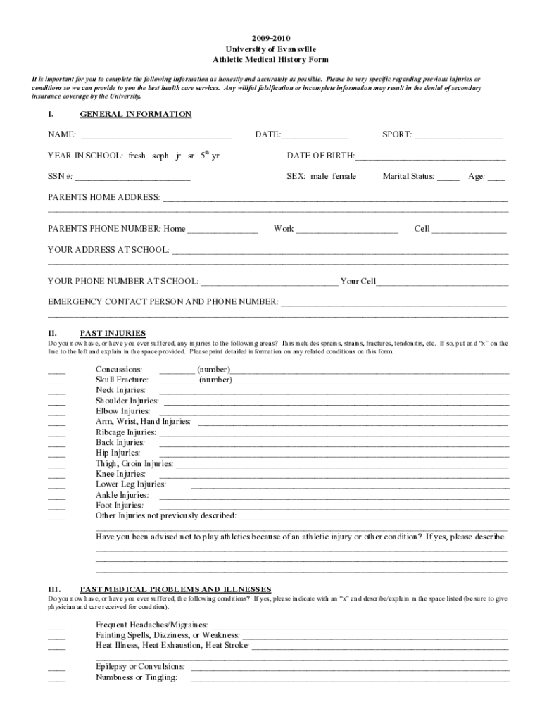 Fillable Online 2009-2010 University of Evansville Athletic Medical History Form Fax Email Print ...