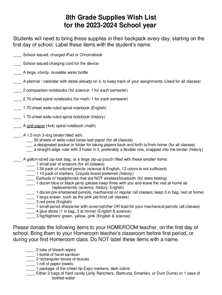 Fillable Online 8th Grade Supplies Wish List for the 2023-2024 School ...