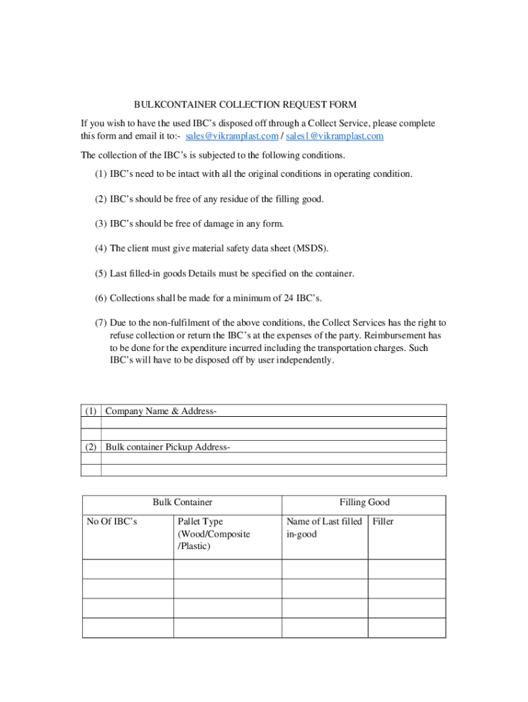 Fillable Online IBC BULK CONTAINER REQUEST COLLECTION FORM.docx Fax Email Print - pdfFiller