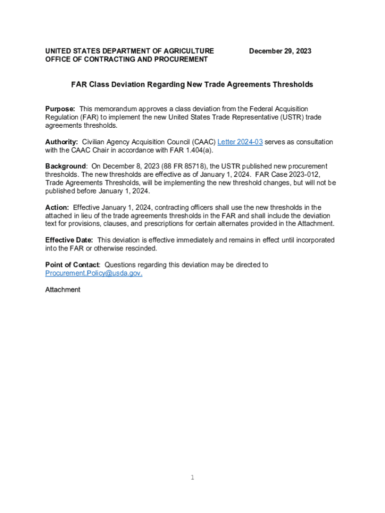 Fillable Online FAR Class Deviation Regarding New Trade Agreements Thresholds. FAR Class ...