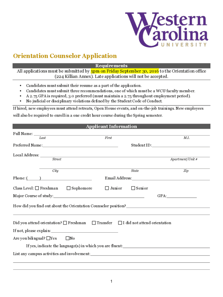 Fillable Online Orientation Counselor Application - First-Year Orientation Fax Email Print ...