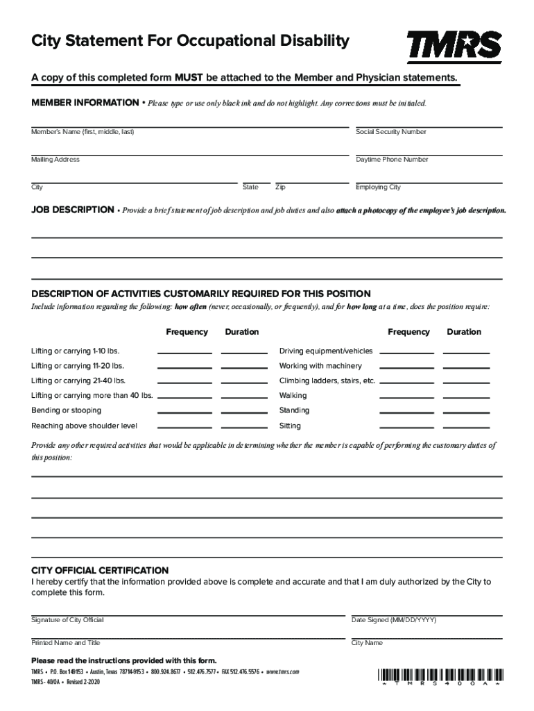 Fillable Online City Statement For Occupational Disability (TMRS40OA ...