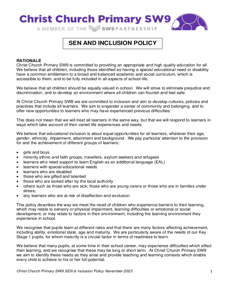 Fillable Online sen and inclusion policy - Christ Church Primary SW9 ...