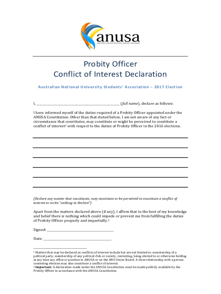 Fillable Online Probity Officer Conflict of Interest Declaration Fax Email Print - pdfFiller