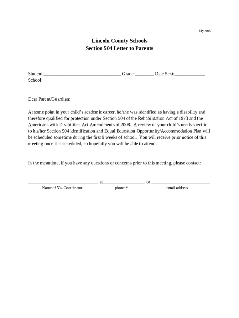 Lincoln County Schools Section 504 Letter to Parents Doc Template ...