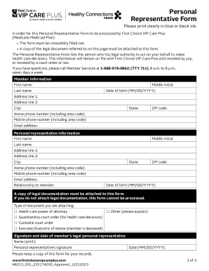 Fillable Online Personal Representative FormFirst Choice VIP Care Plus ...