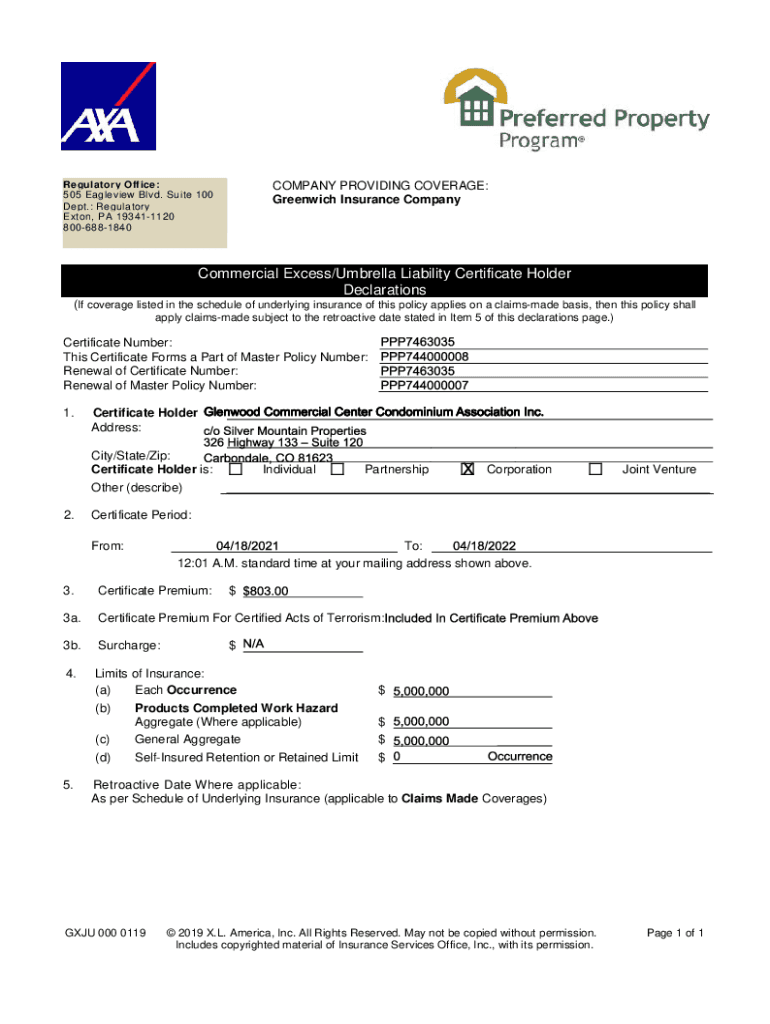 Fillable Online Commercial Excess/Umbrella Liability Certificate Holder ...
