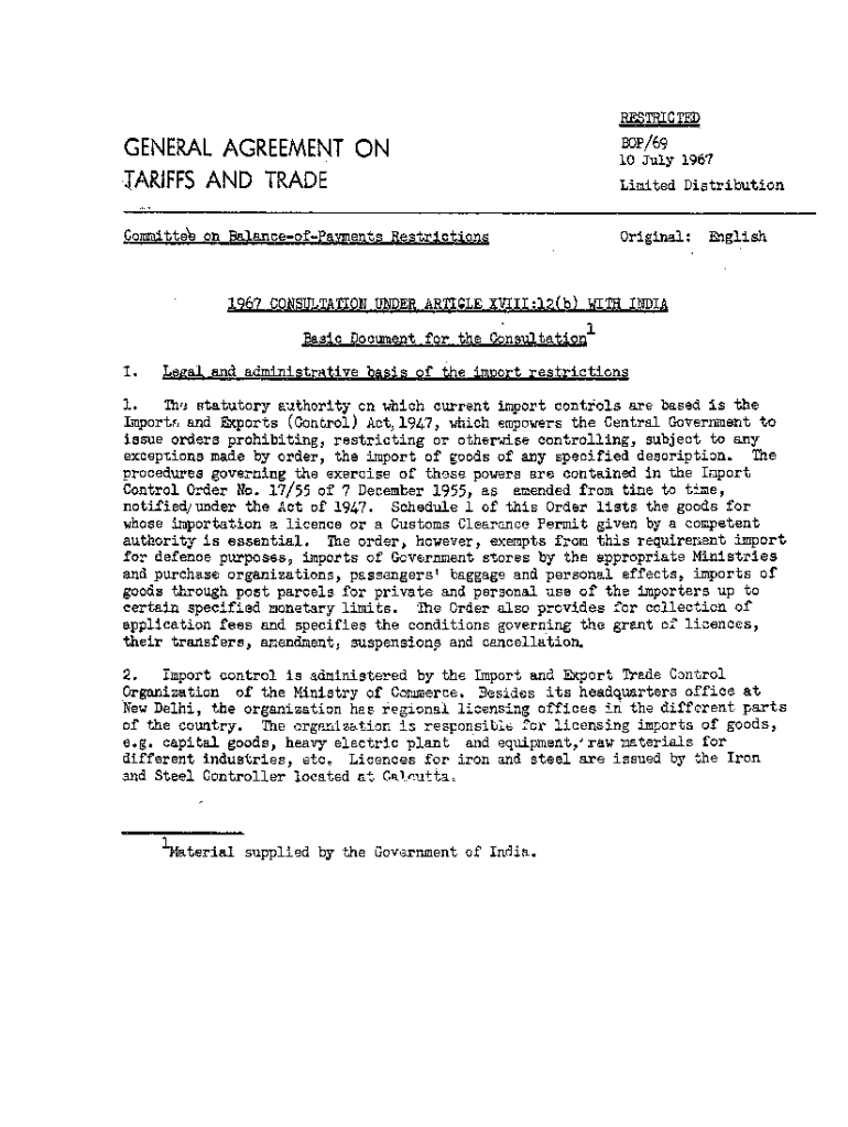 Fillable Online GENERAL AGREEMENT ON RESTRICTED TARIFFS AND ... Fax ...