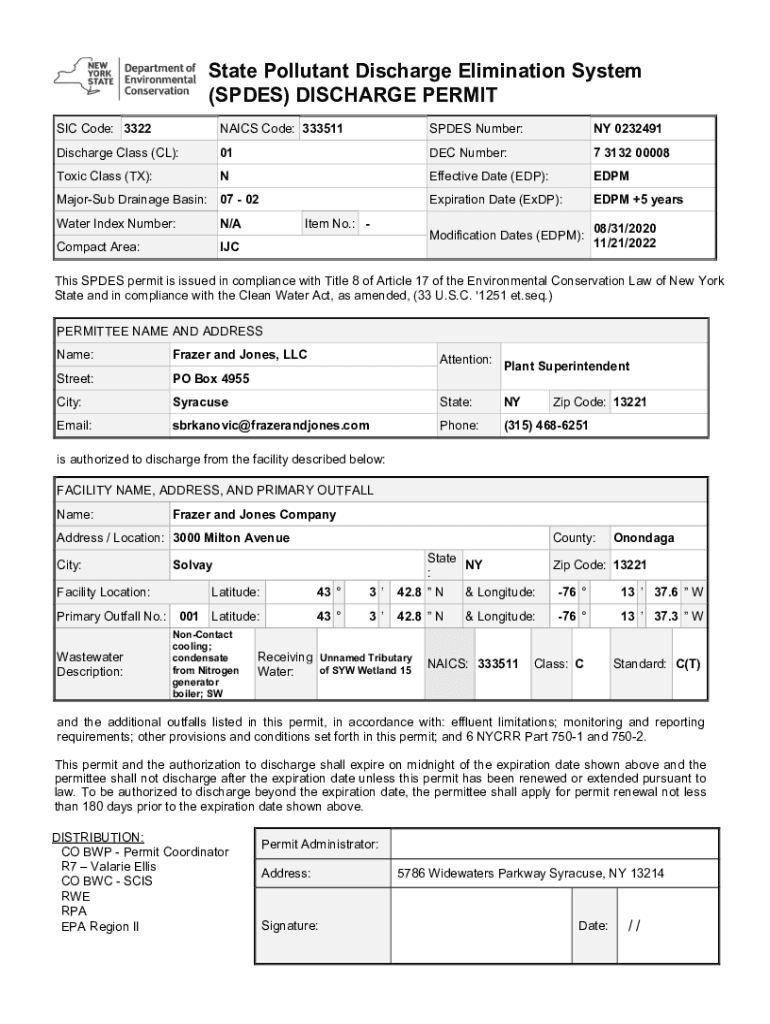 Fillable Online SPDES Discharge Permit. Frazer and Jones SPDES Permit ...