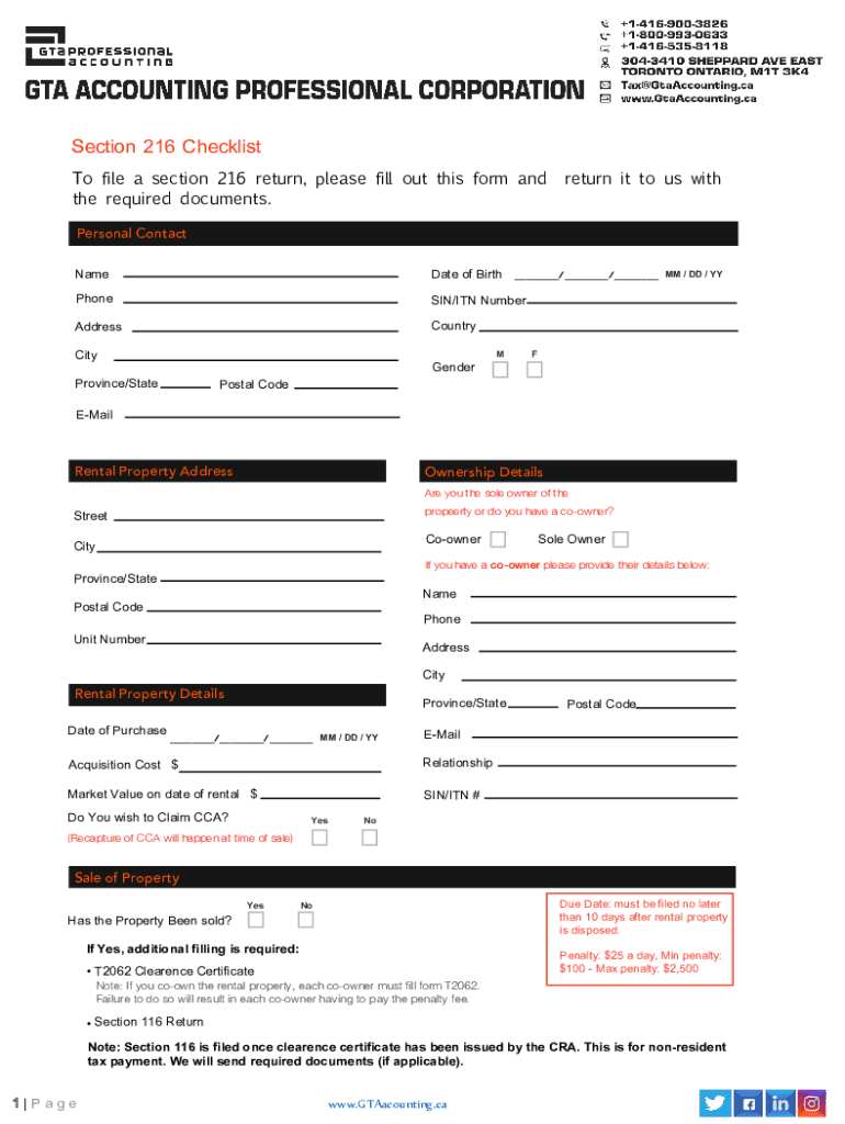 Fillable Online How to file a section 216 return for non resident tax ...