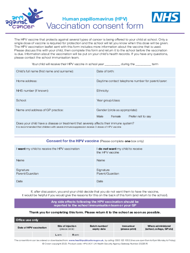 Fillable Online HPV Vaccination Consent Form. HPV Vaccination Consent ...