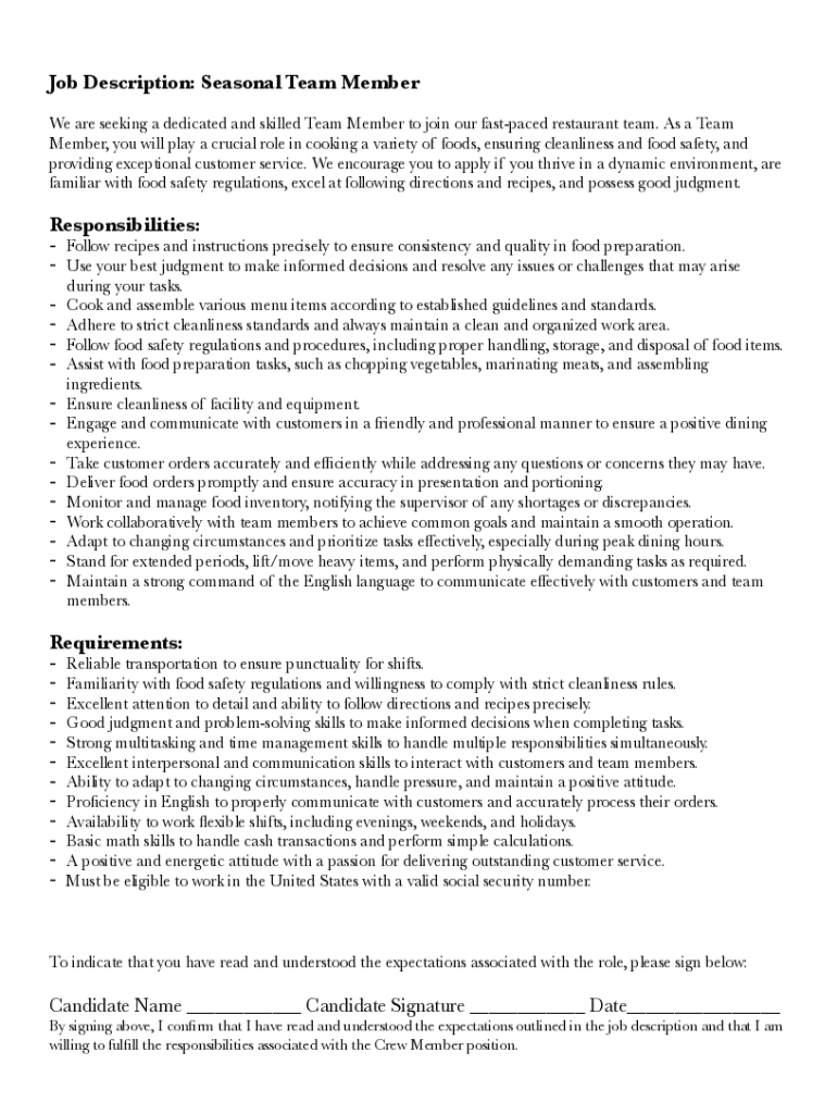 Fillable Online Team Member (Quick Service) job template Fax Email ...