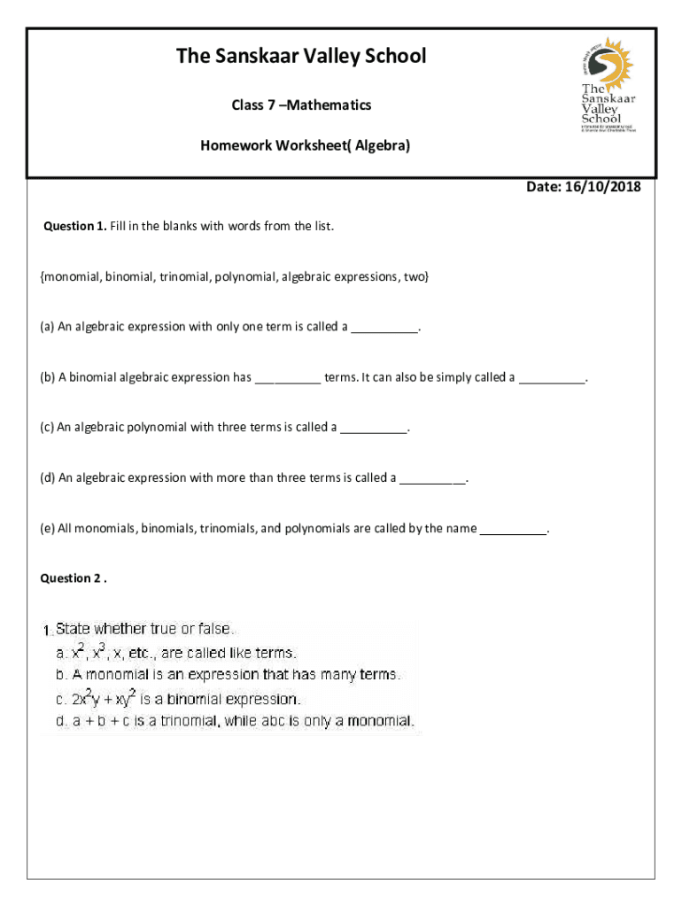 Fillable Online Math Worksheet 069 - Monomial Binomial Trinomial or ...