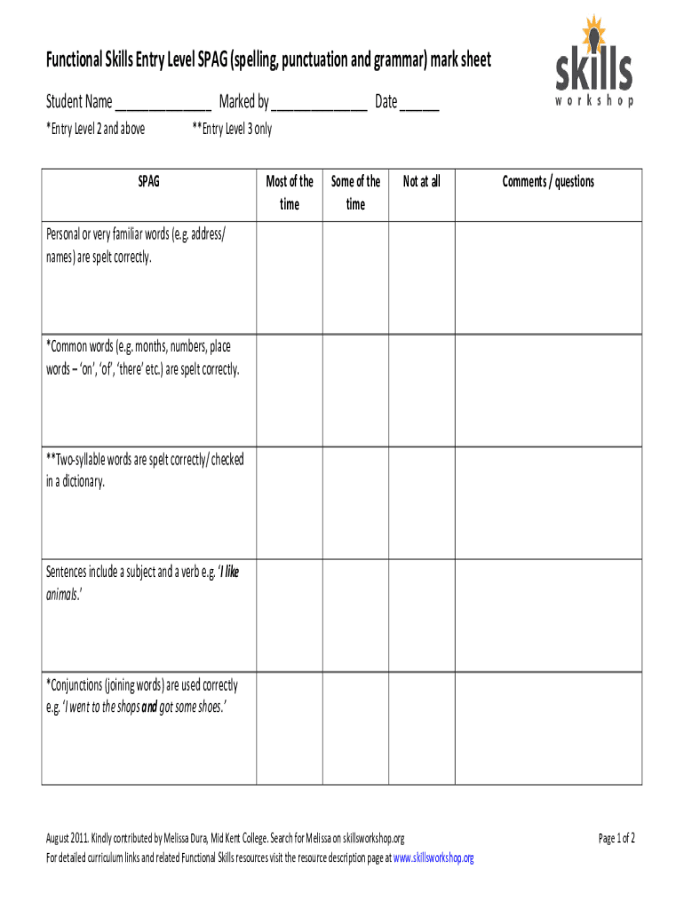 Fillable Online SPAG Marking Sheet - Entry Level Functional English Fax ...
